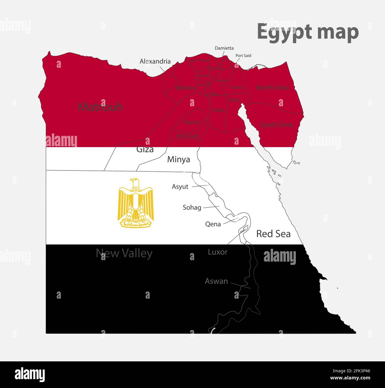 Map of the Egypt in the colors of the flag with administrative ...