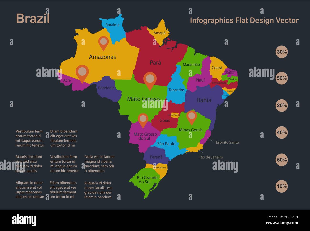 Infographics Brazil map, flat design colors, with names of individual ...