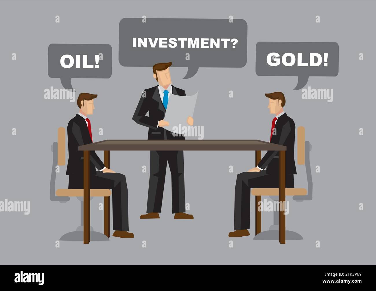 Cartoon businessman ask about his investment and get different answers ...