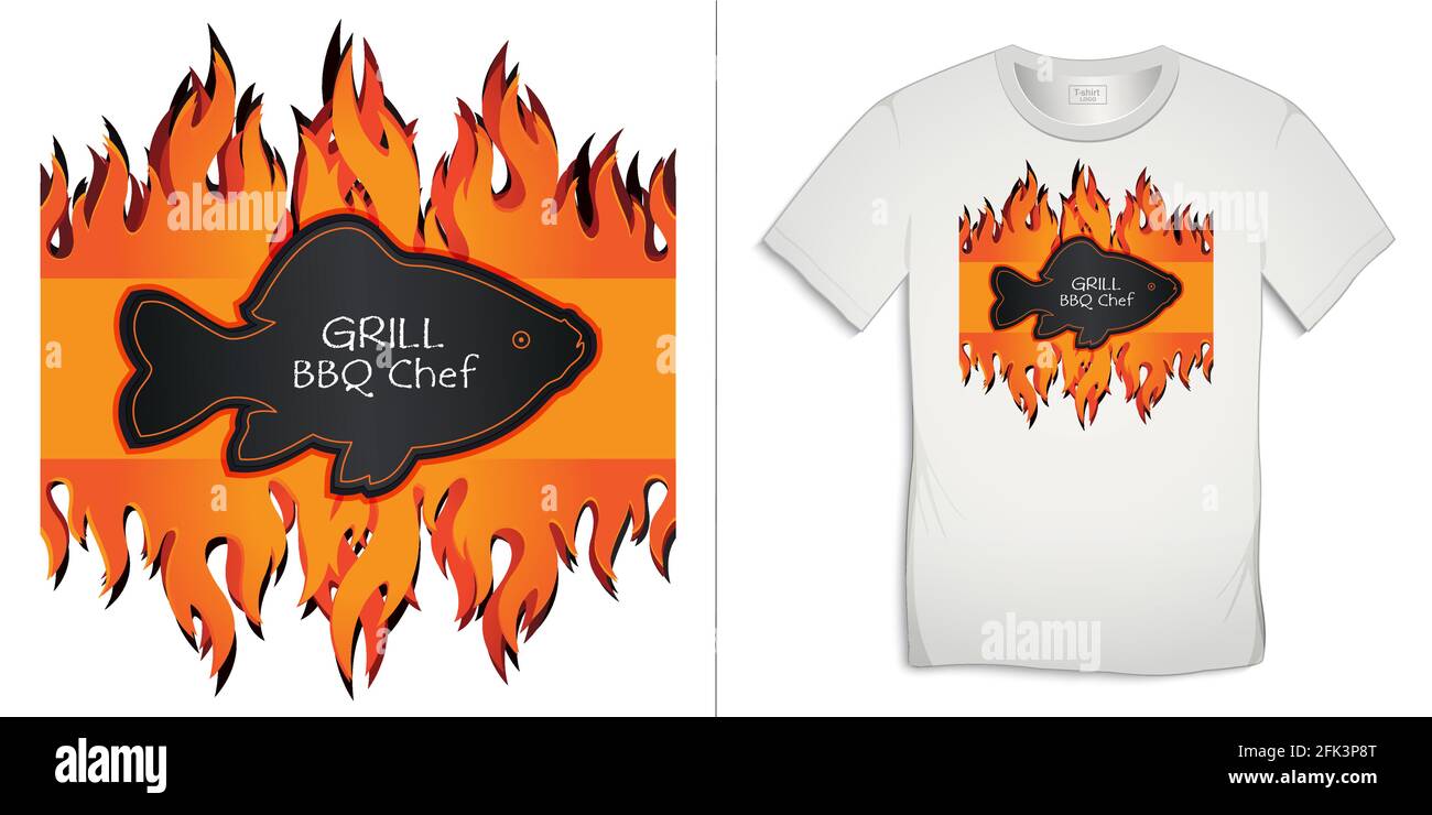 Graphic design of carp BBQ and grill t-shirts, grilled fish on fire ...