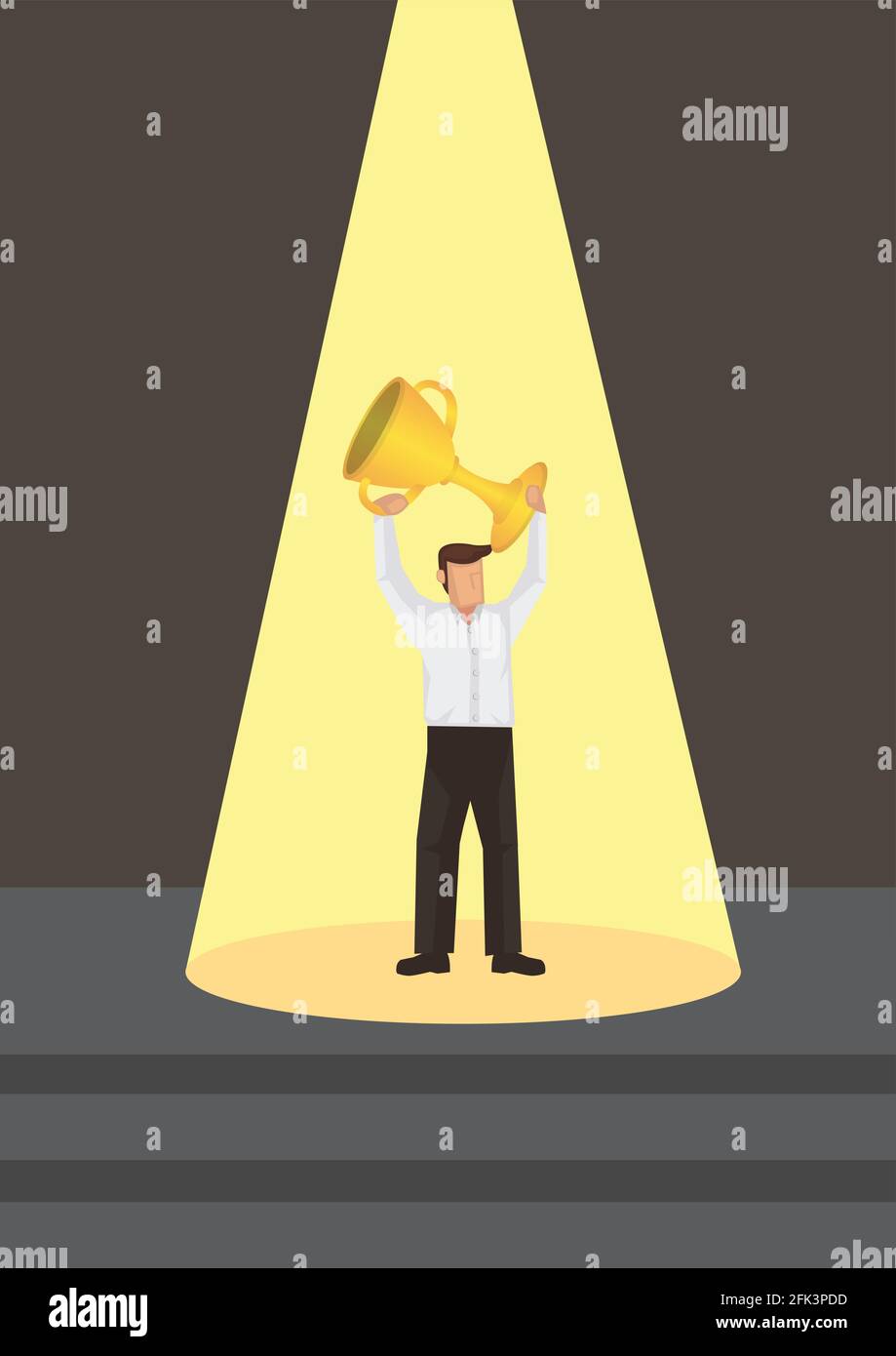 Businessman with a award trophy cup under a spotlight. Concept of ...