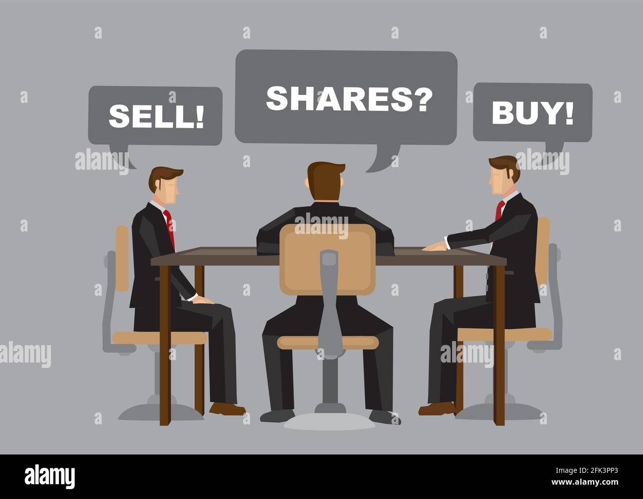 Cartoon businessman ask about his stock and get different answers ...