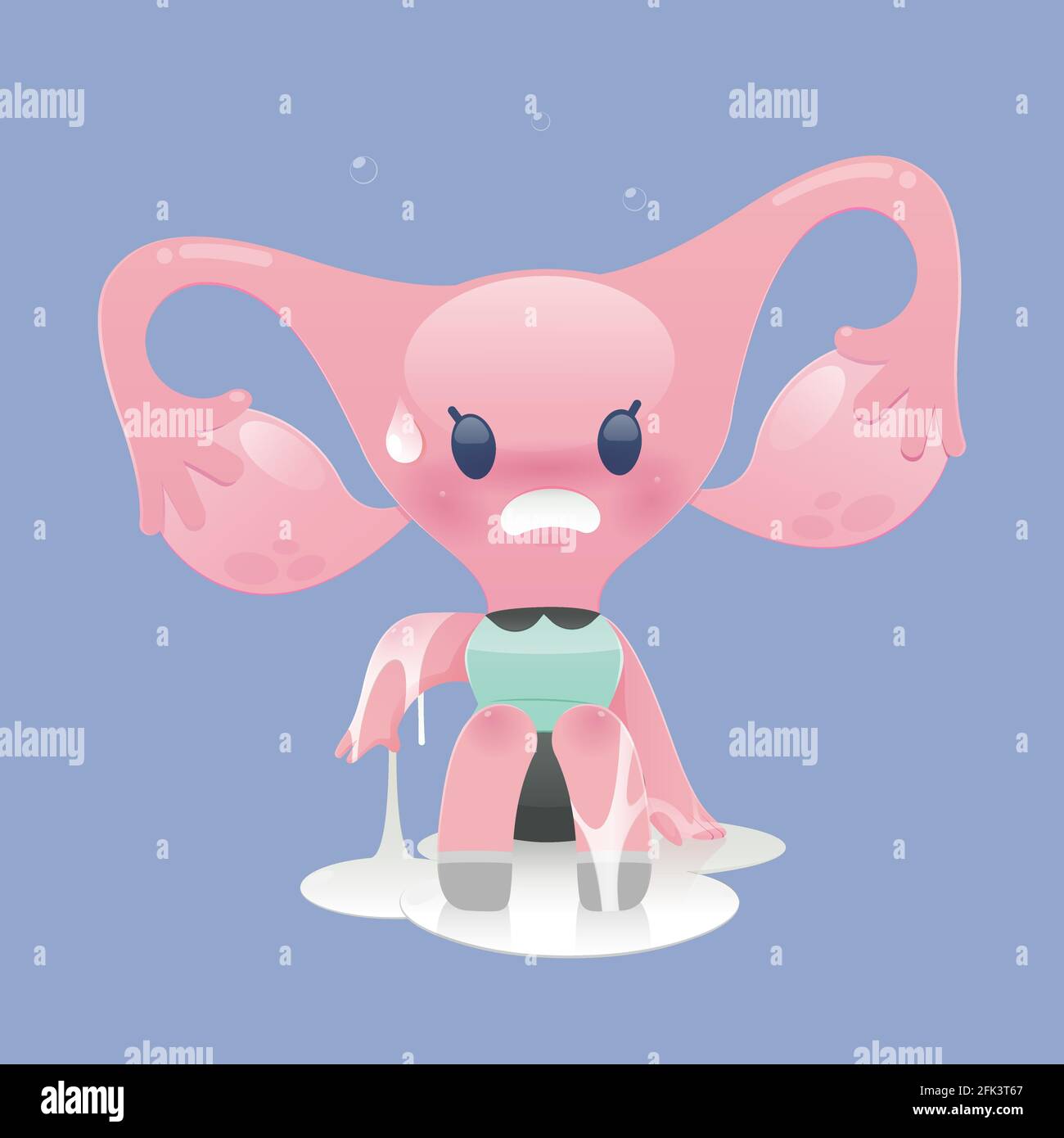 Uterus cartoon in green shirt shocked because of leucorrhoea. The ...