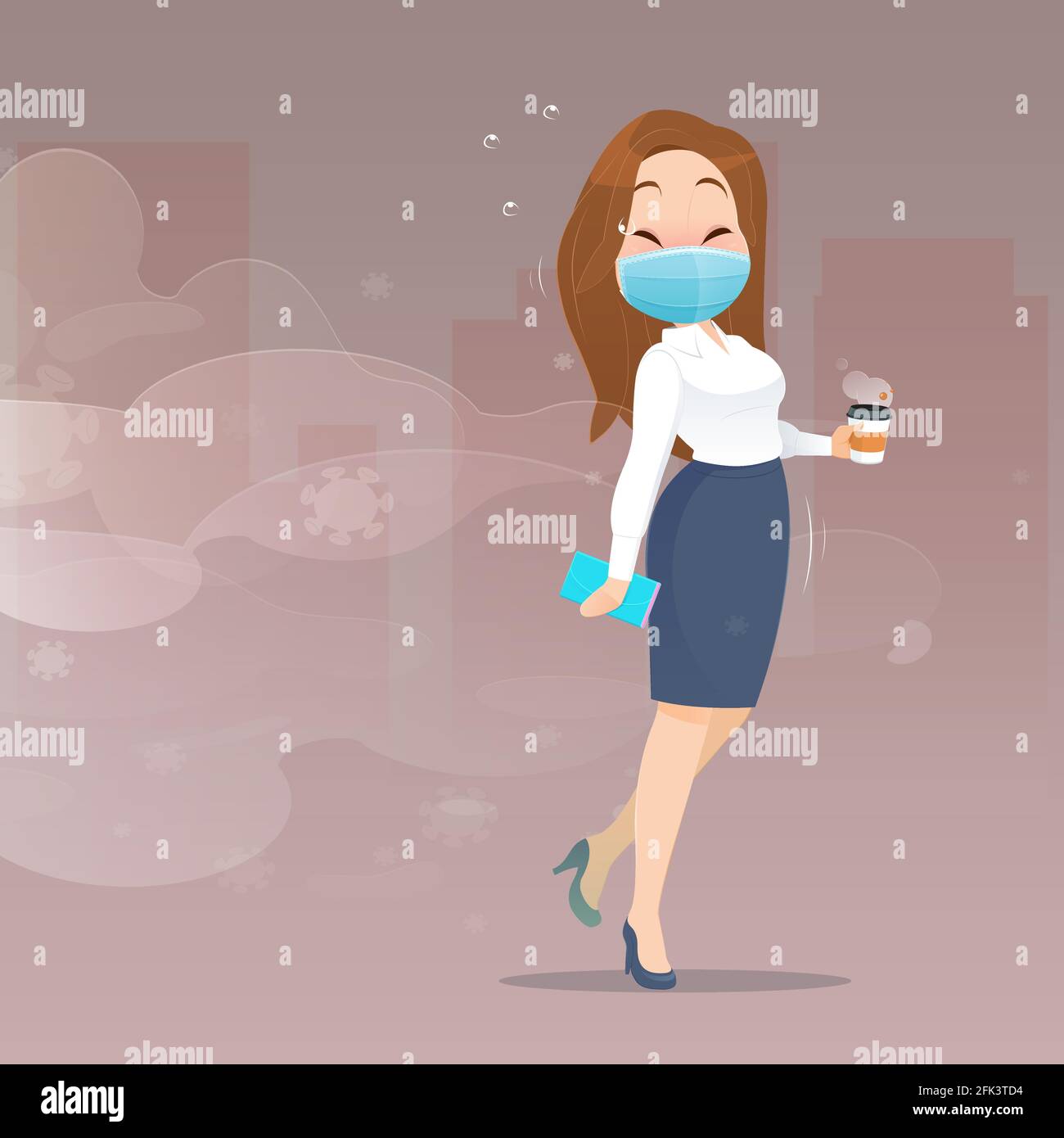 Cartoon business woman wearing a health mask walk away from PM2.5 dust ...