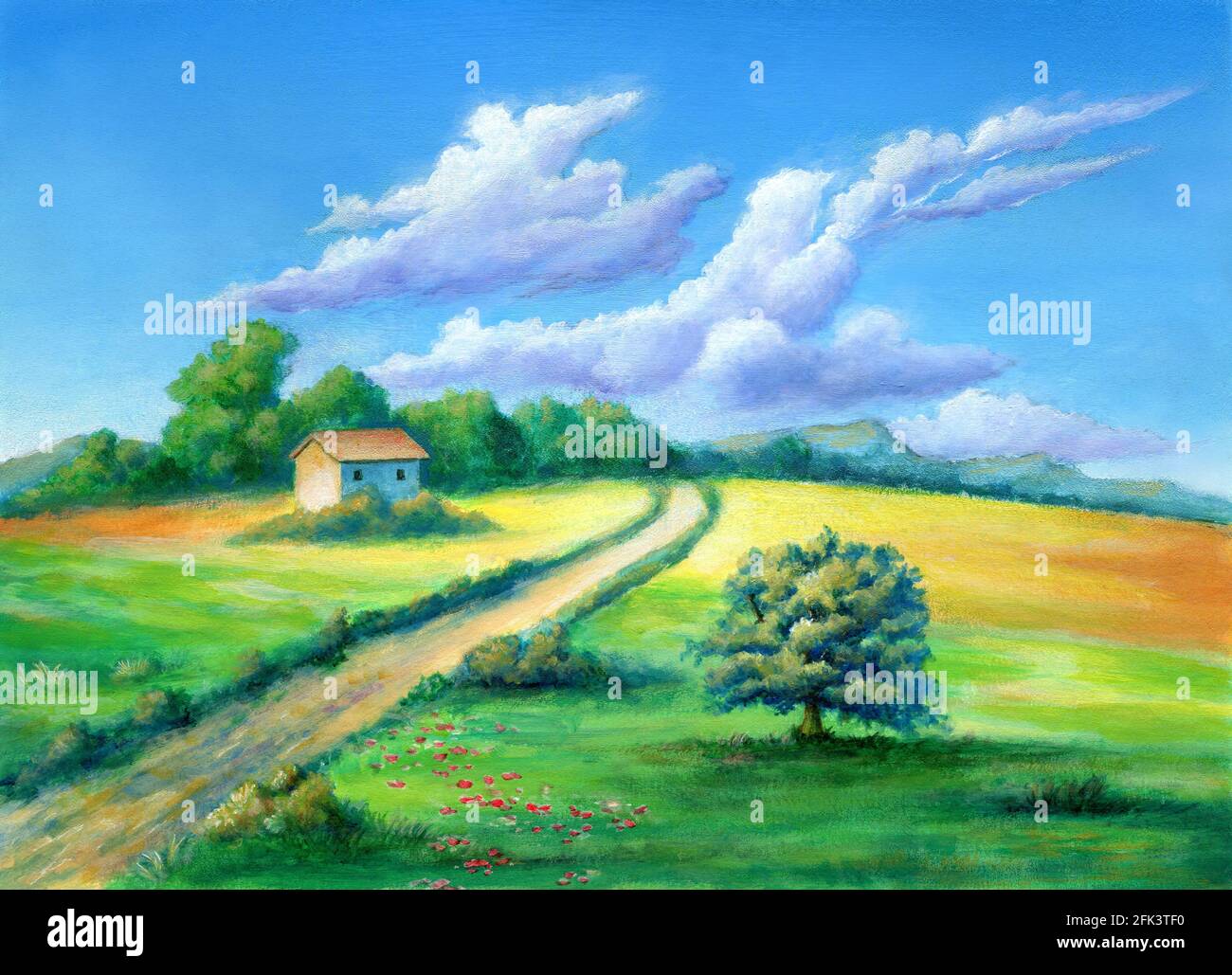 Path crossing a colorful rural landscape. Acrylic illustration on paper ...