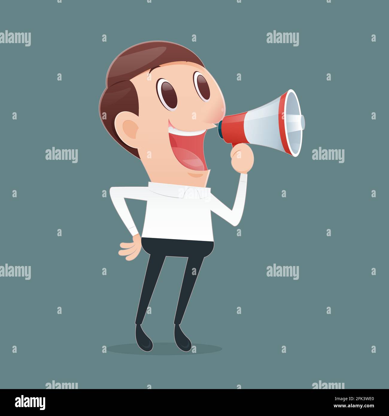 Cartoon man wear a white shirt over green background shouting through a ...