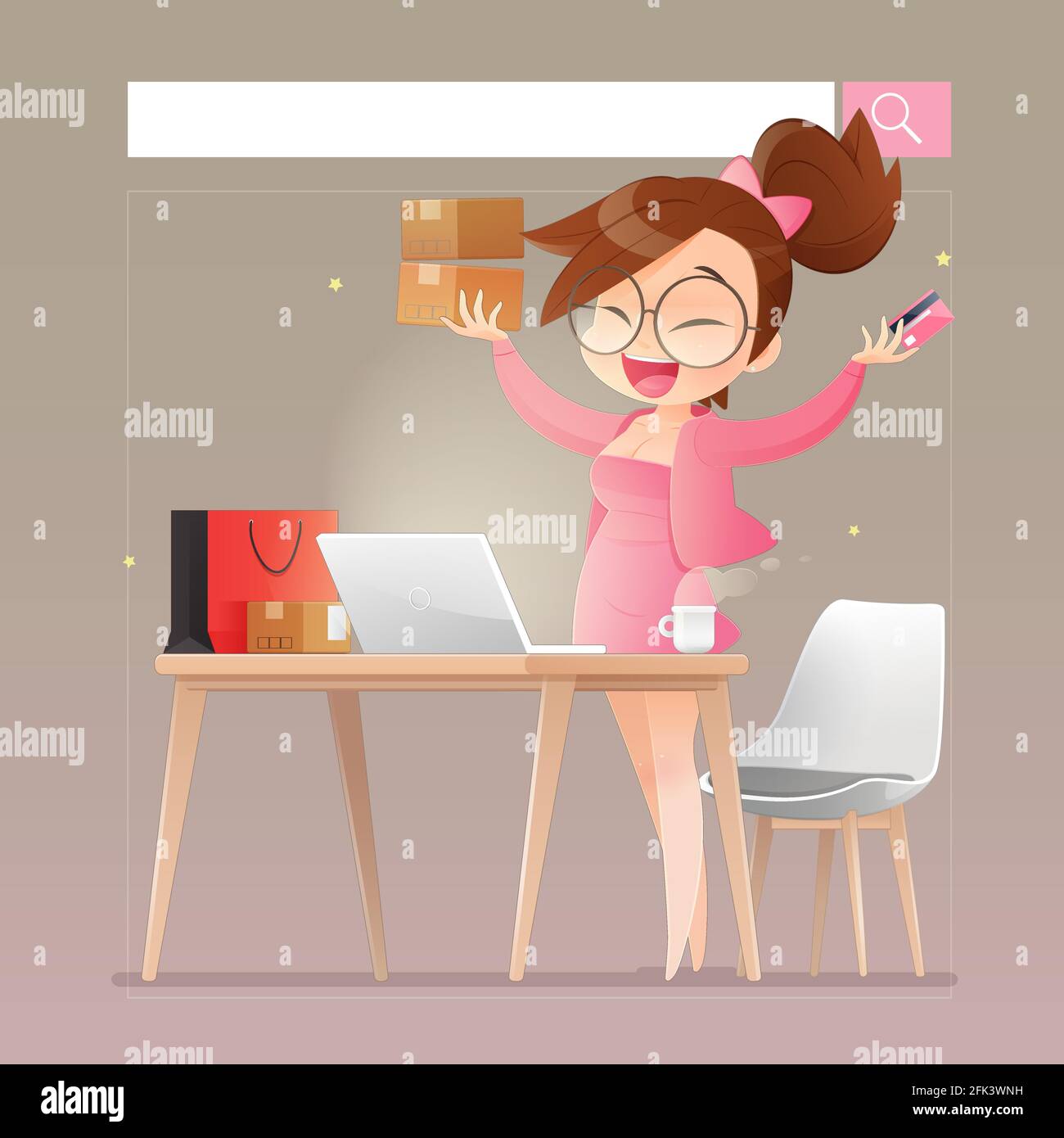 Online shopping. Cartoon shopper women wearing pink is buying online ...