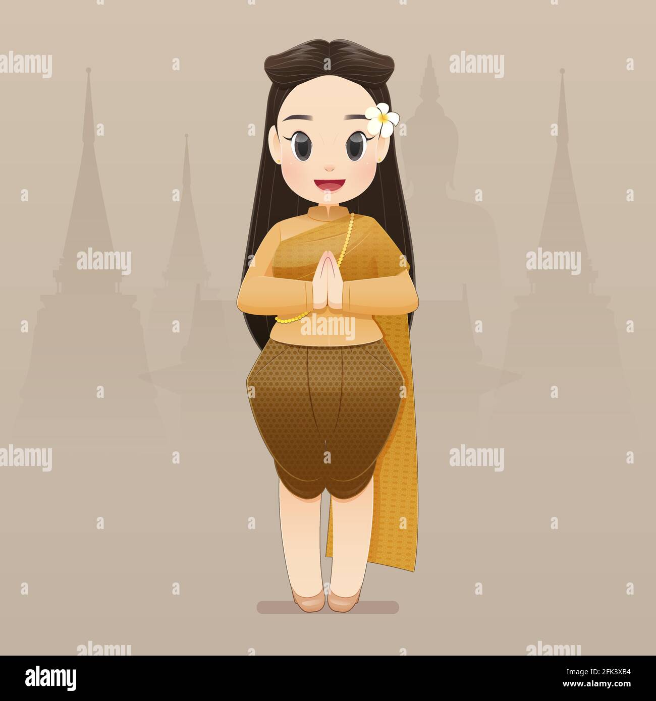 illustration thai women in Thai traditional wear say hello Sawasdee ...