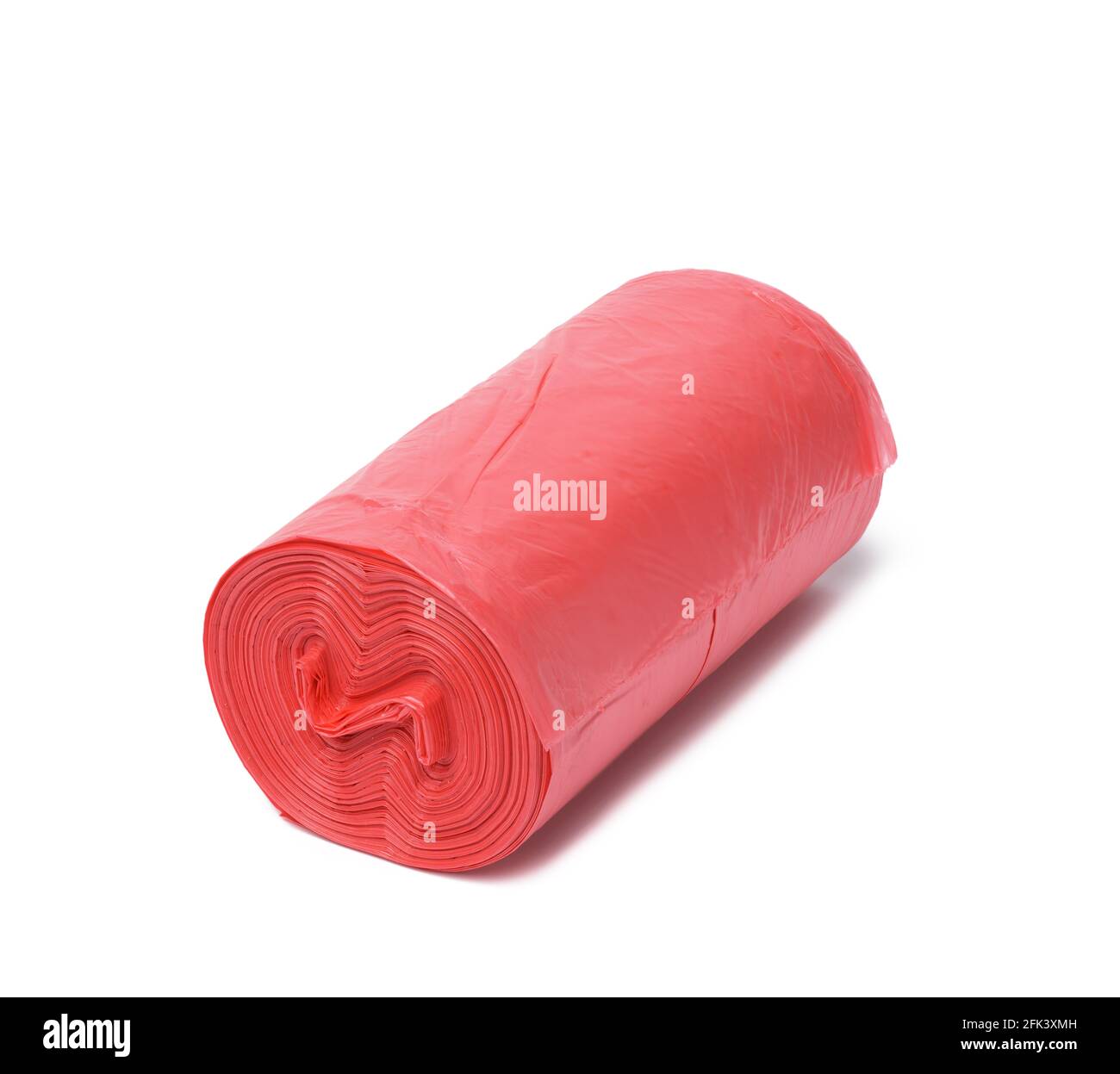 red plastic trash bags with strings isolated on white background, close ...