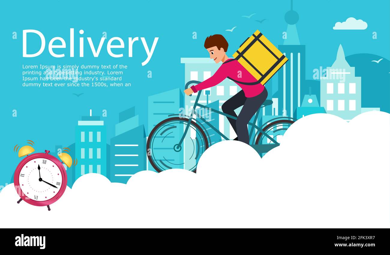Delivery man walking around city on Bicycle. Delivery order. Blue ...