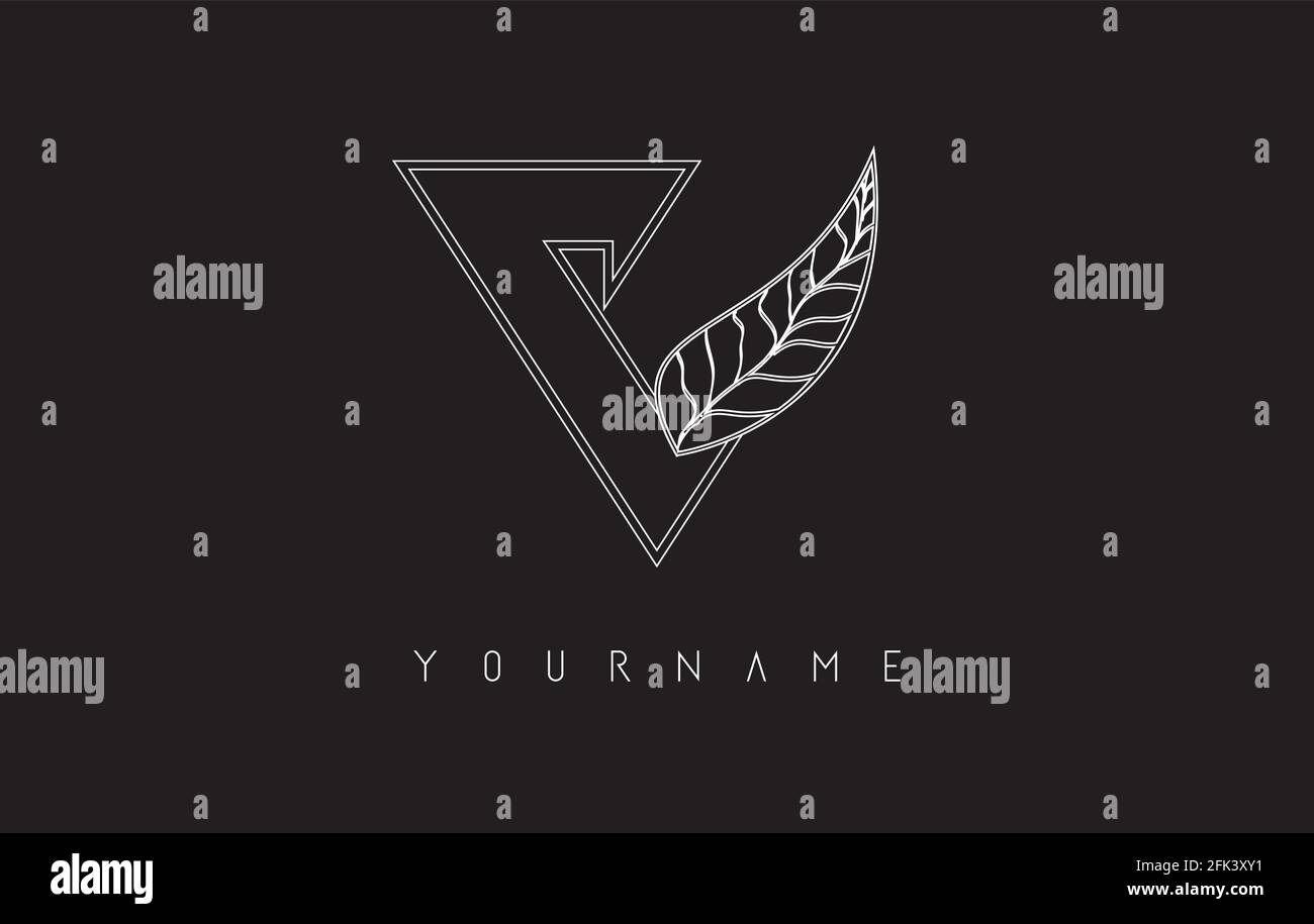 White Outline V Letter Logo with outline leaf design. Vector ...