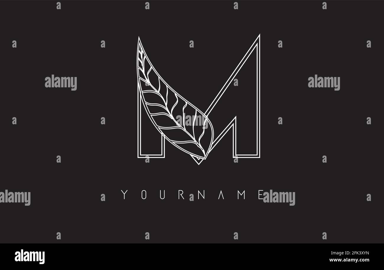 White Outline M Letter Logo with outline leaf design. Vector ...