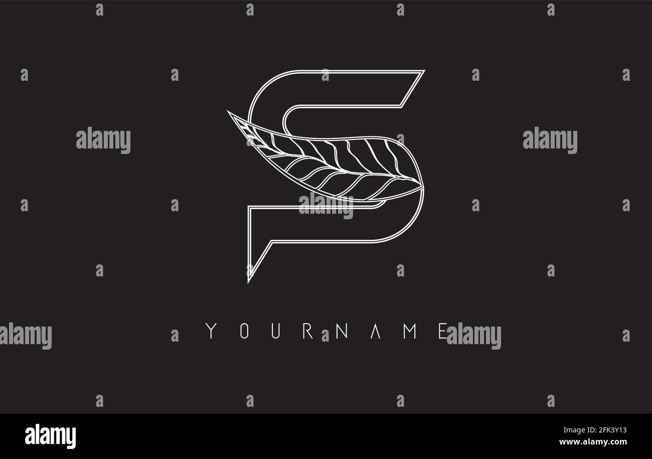 White Outline S Letter Logo with outline leaf design. Vector ...