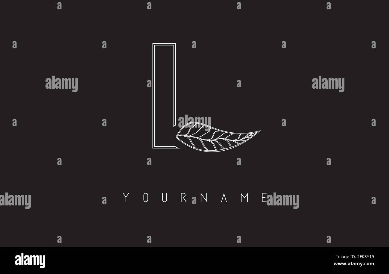 White Outline L Letter Logo with outline leaf design. Vector ...