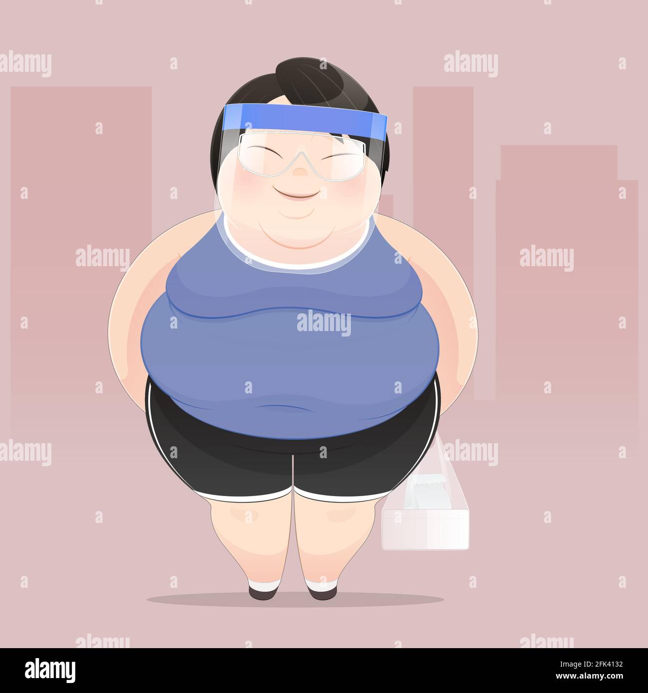 A fat man wearing a face shield buy food outside. illustration of a fat ...