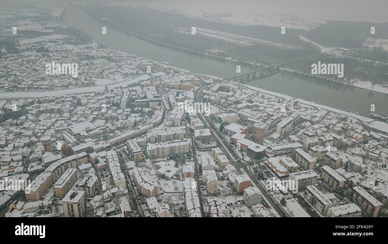 Aerial view of Brcko district under snow in Bosnia and Herzegovina ...
