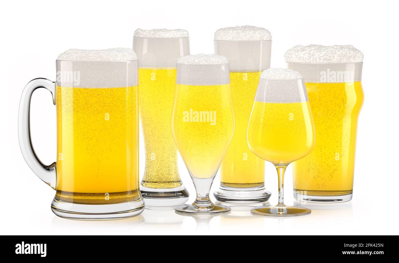 Set of fresh light beer glasses with bubble froth isolated on white ...