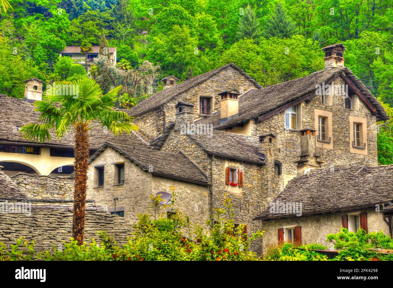 Old Rustic Village with Palm Tree in Centovalli, Ticino in Switzerland ...