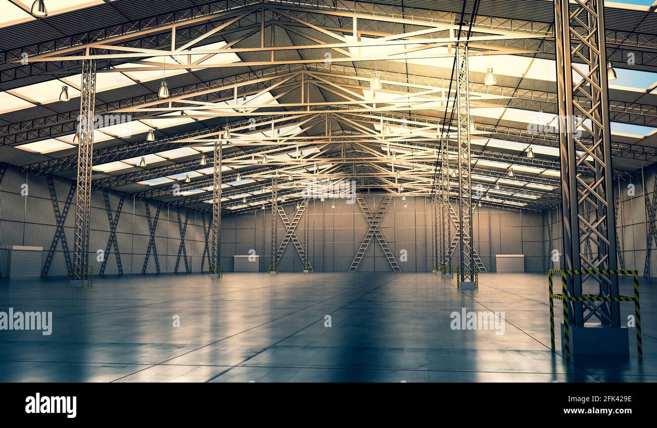 Empty warehouse with roof windows and several pillars - 3D illustration ...