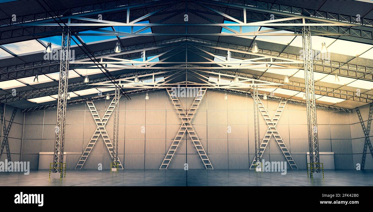 Empty warehouse with roof windows and several pillars - 3D illustration ...