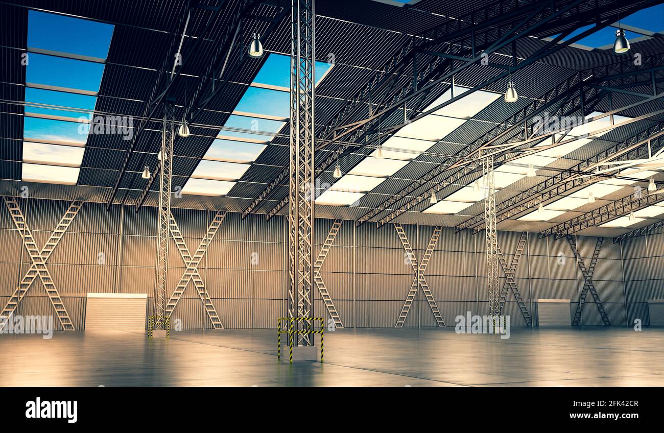 Empty warehouse with roof windows and several pillars - 3D illustration ...