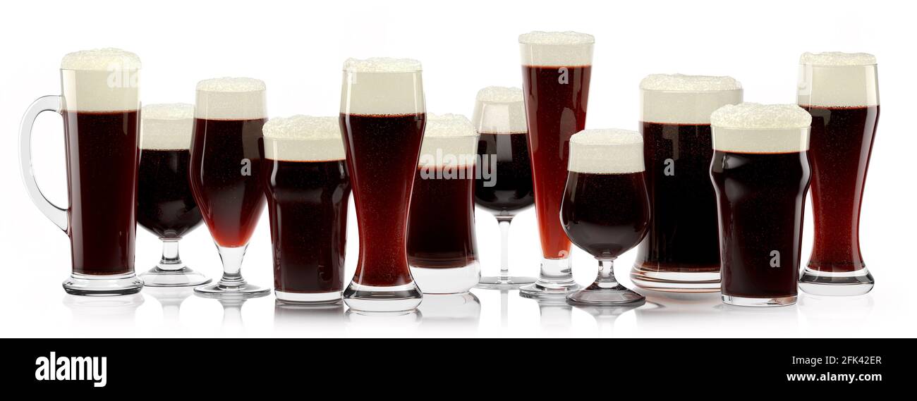 Set of fresh stout beer glasses with bubble froth isolated on white ...