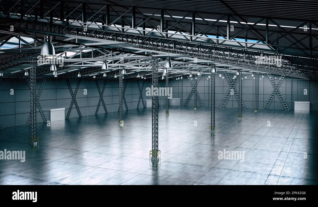 Empty warehouse with several pillars and hanging lamps - 3D ...