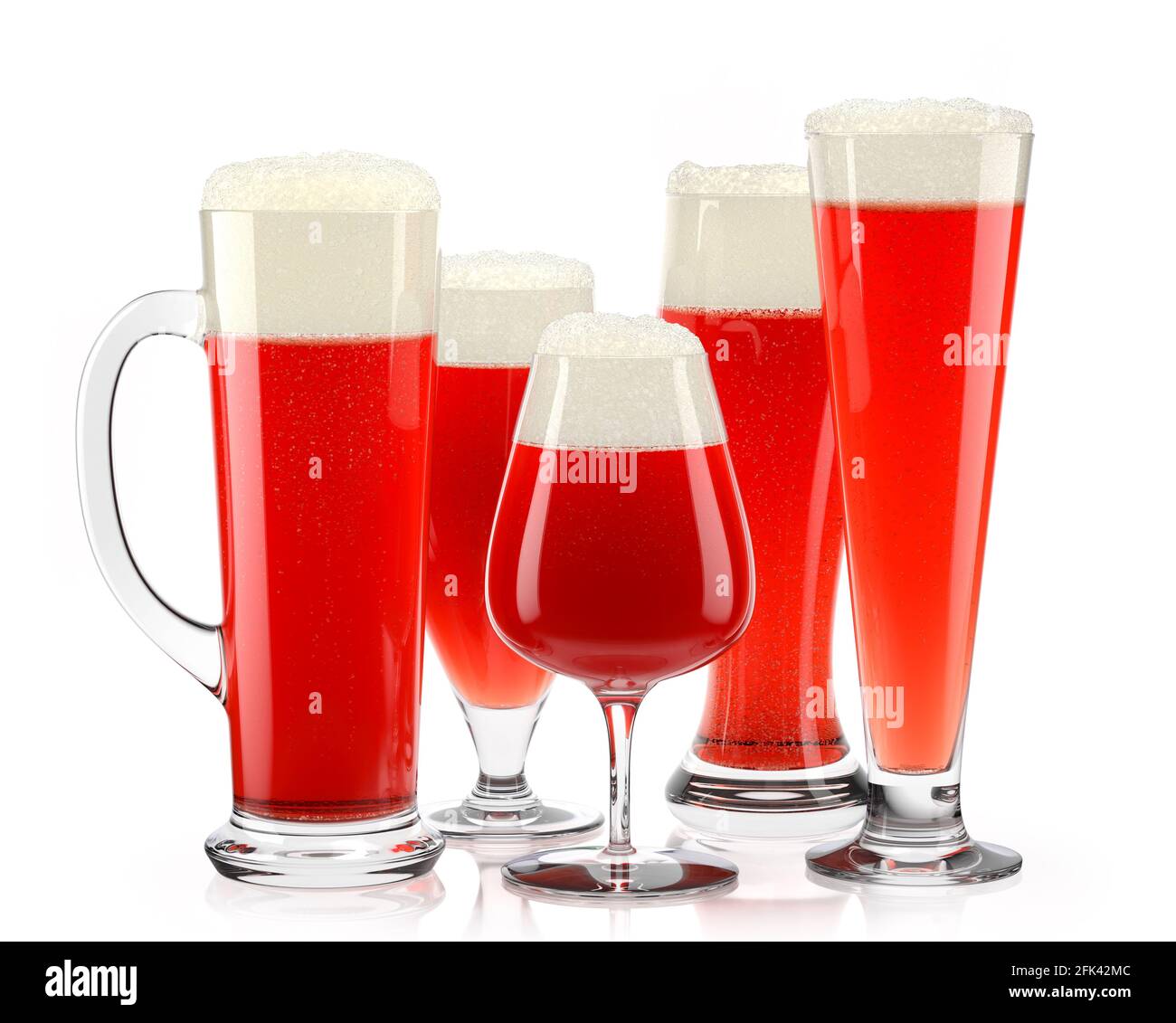 Set of fresh draft beer glasses with bubble froth isolated on white ...