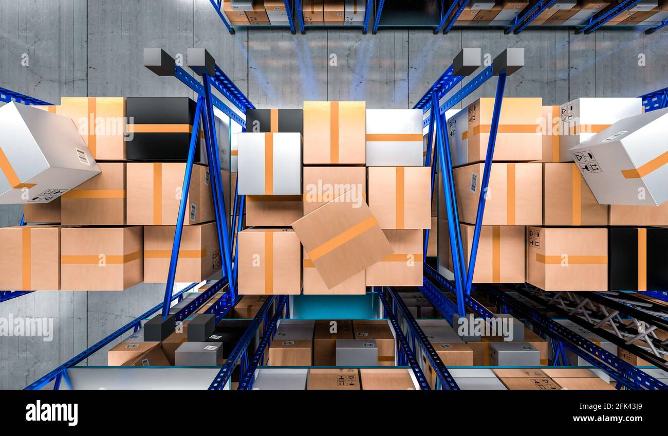 Warehouse with packages on shelves - 3D illustration Stock Photo - Alamy