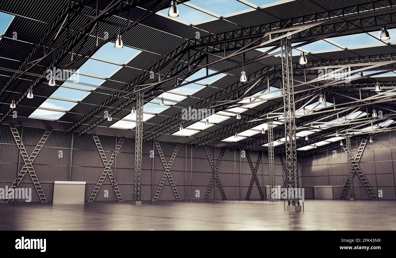 Empty warehouse with roof windows and several pillars - 3D illustration ...