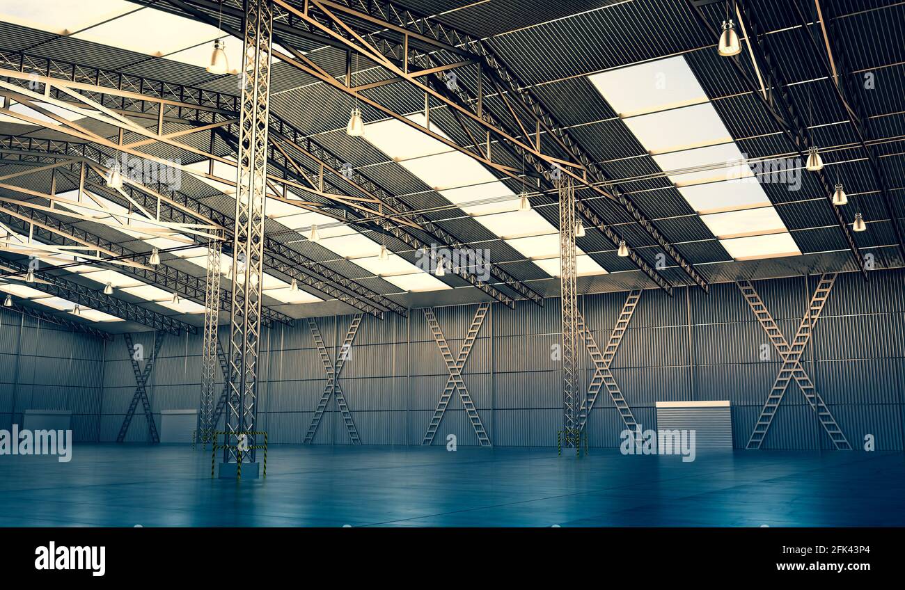 Empty warehouse with roof windows and several pillars - 3D illustration ...