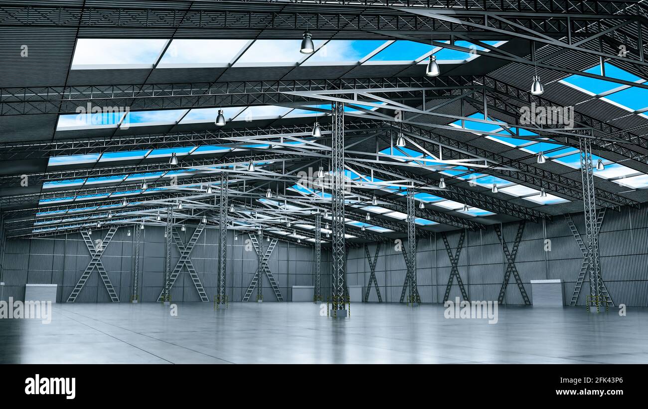 Empty warehouse with roof windows and several pillars - 3D illustration ...