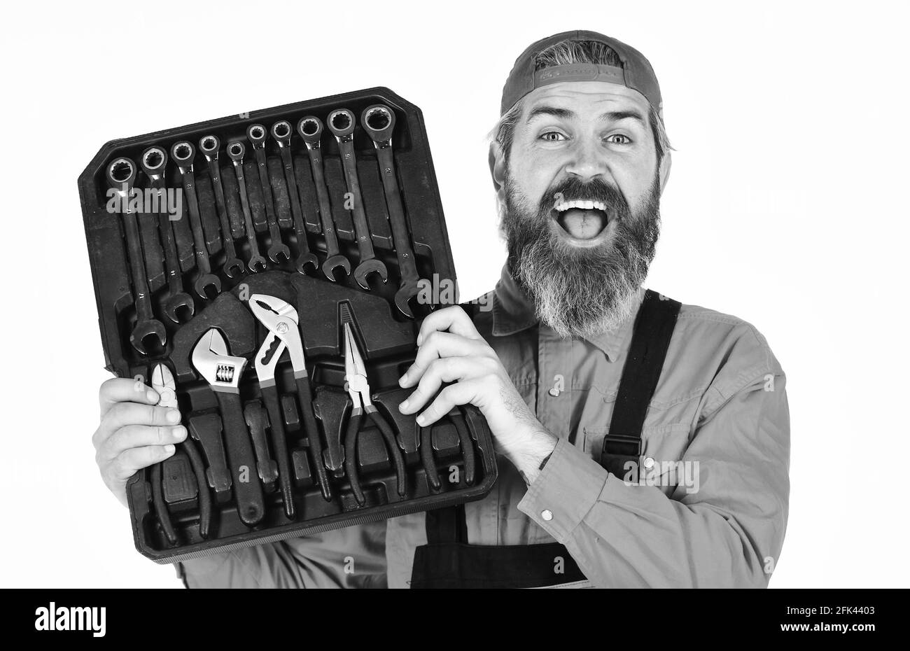 Worker repairer repairman handyman carrying toolbox. Really good tools. Handyman concept ...