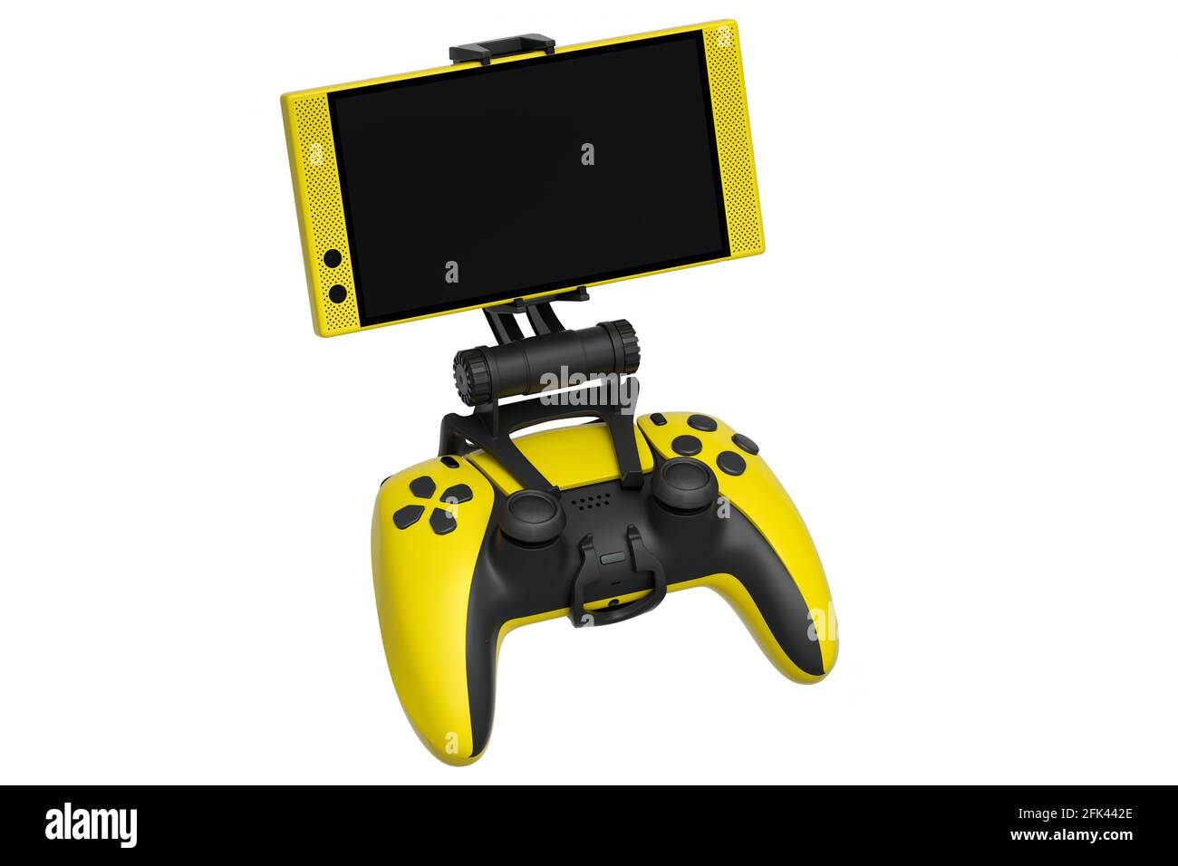 Realistic yellow joystick for playing games on mobile phone on white ...