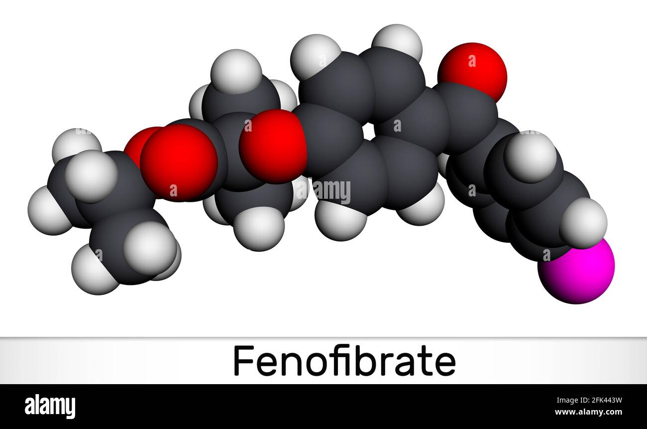 Fenofibrate molecule. It is drug, used to lower cholesterol levels in ...