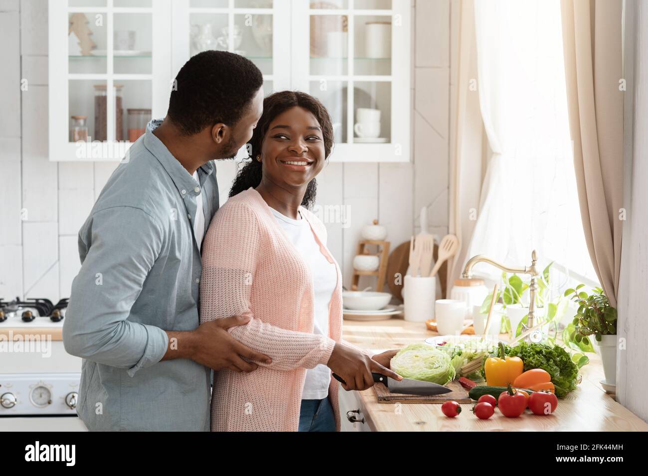 Romantic African American Couple Cooking Healthy Lunch At Home Stock ...
