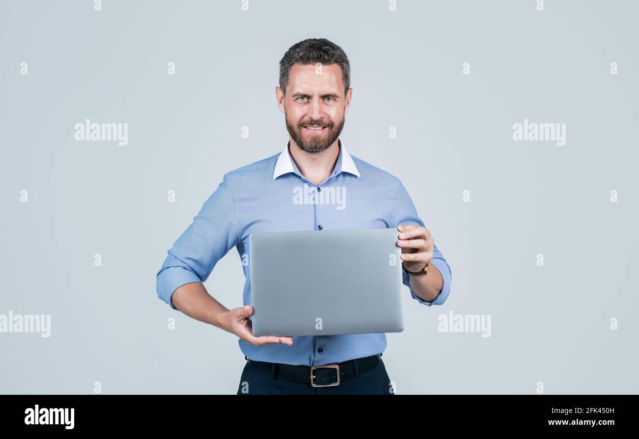 cheerful businessman working online. business success. programmer man ...