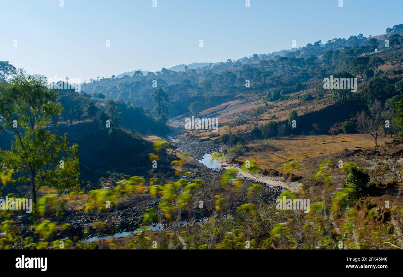 Scenic Aerial Scene - River between two mountains of himalayas, aerial ...