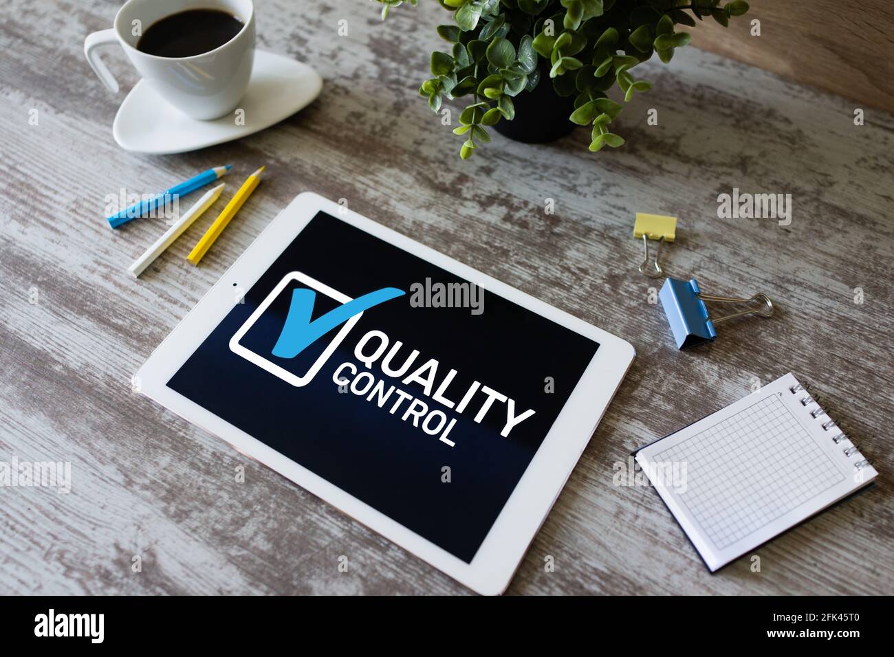 Quality control check box on device screen. Standards and certification ...
