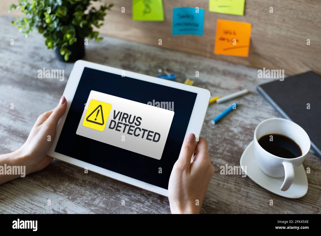 Virus Detected warning message on screen. Cyber security breach. Data ...