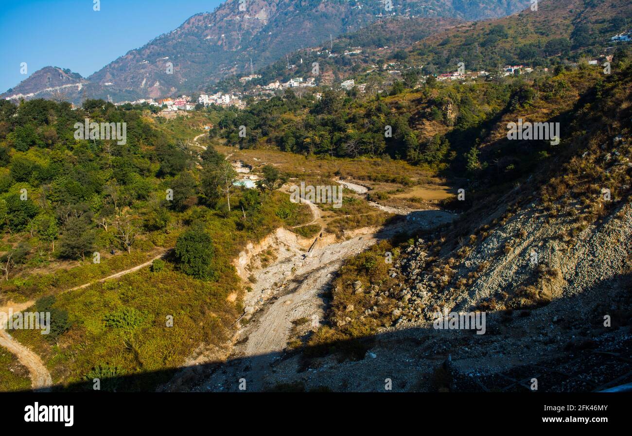 Scenic Aerial Scene - River between two mountains of himalayas, aerial ...