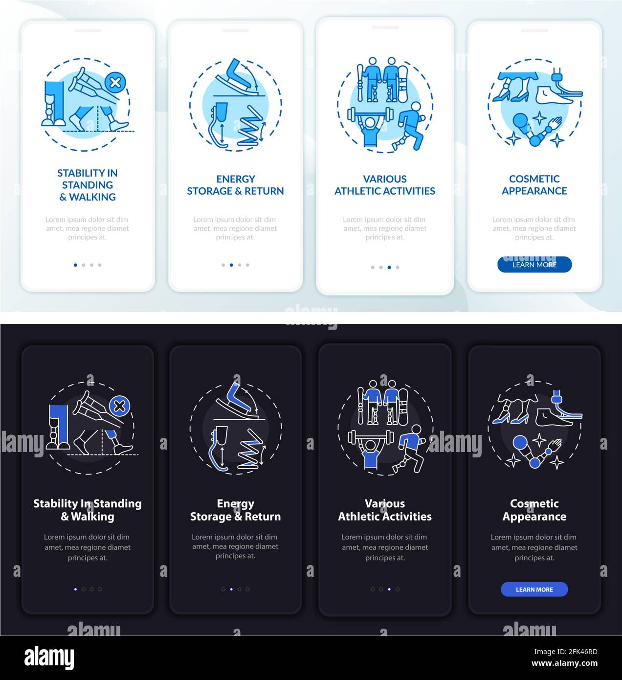 Leg prostheses tasks onboarding mobile app page screen with concepts ...