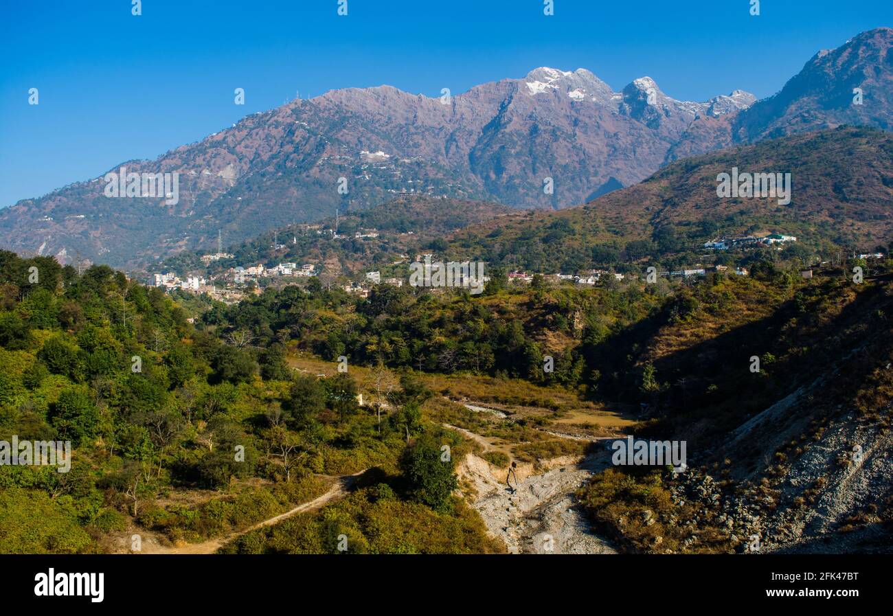 Scenic Aerial Scene - River between two mountains of himalayas, aerial ...