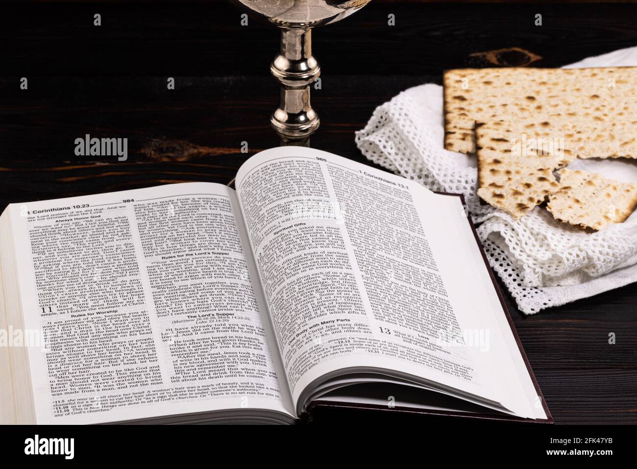 holy communion chalice with wine, bread and Bible. Lord's supper Stock ...