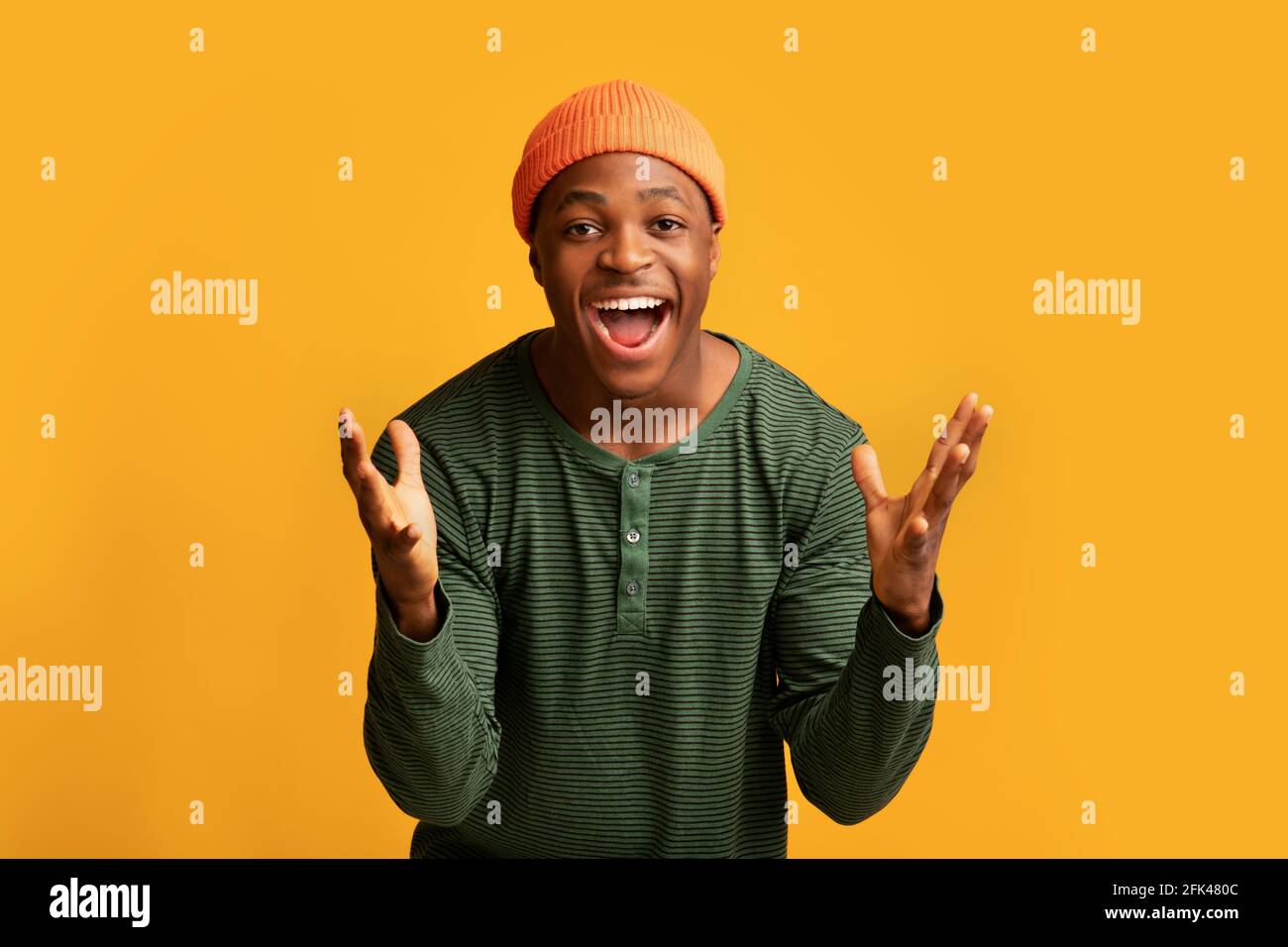 Hooray. Happy Emotional Black Guy Cheering Success Over Yellow ...