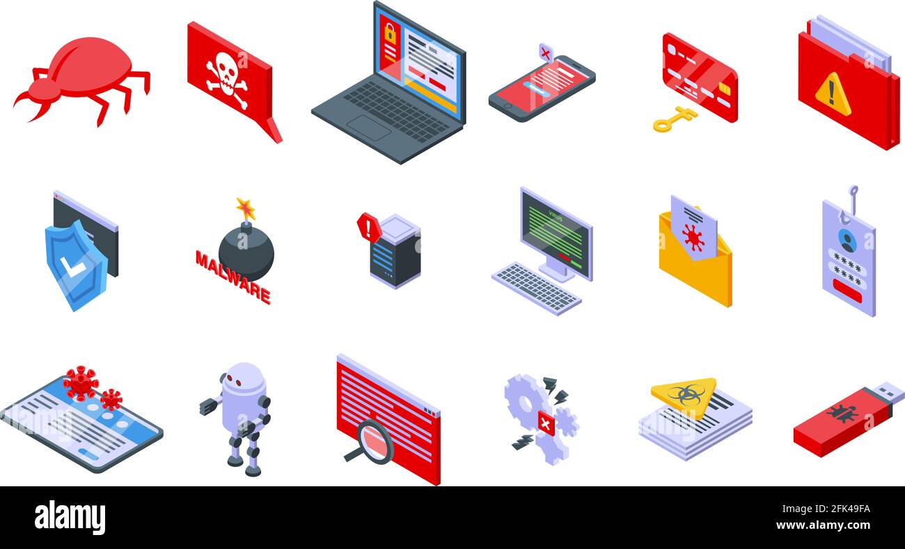 Malware icons set. Isometric set of malware vector icons for web design ...
