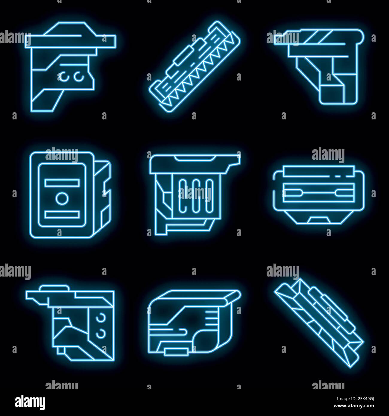 Cartridge icons set. Outline set of cartridge vector icons neon color ...