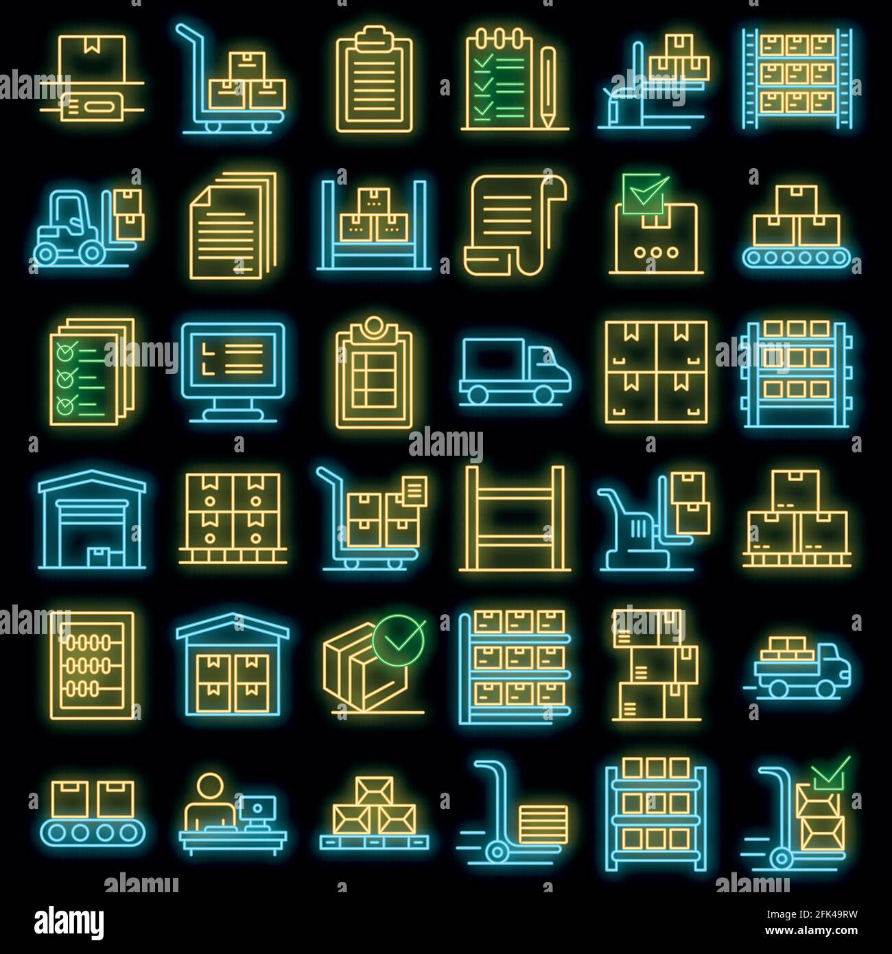 Inventory icons set. Outline set of inventory vector icons neon color ...