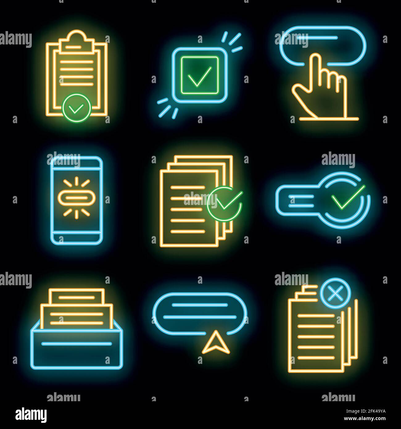 Request icons set. Outline set of request vector icons neon color on ...