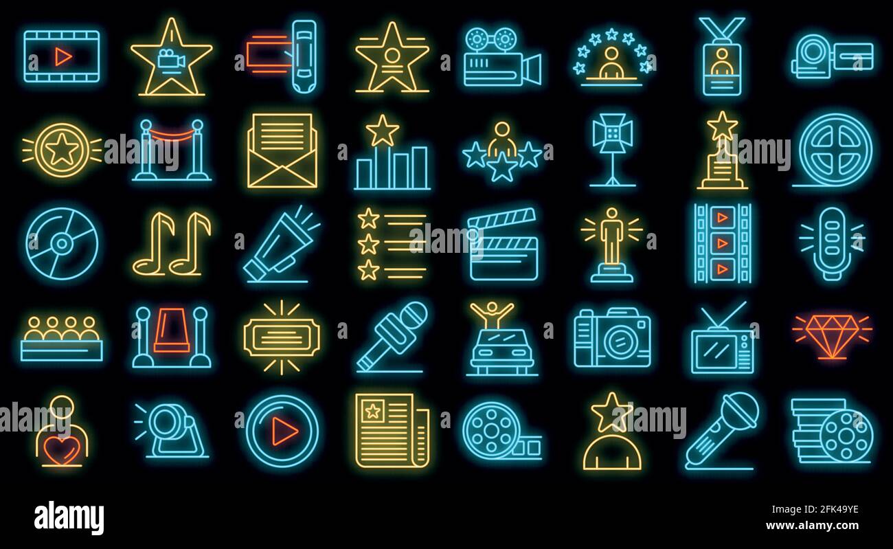 Celebrity icons set. Outline set of celebrity vector icons neon color ...